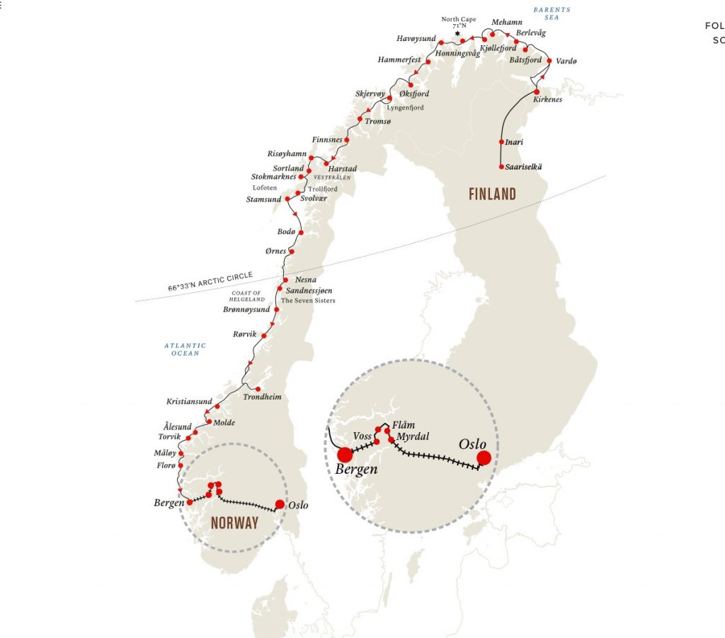 Hurtigruten-Follow-the-Lights-Southbound-Map | Scenic Travel